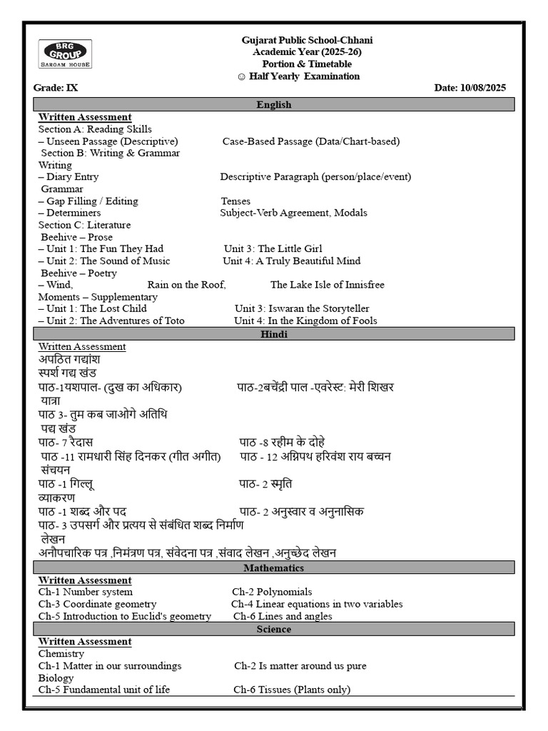 Grade IX Portion and Timetable For Half Yearly Exam | PDF