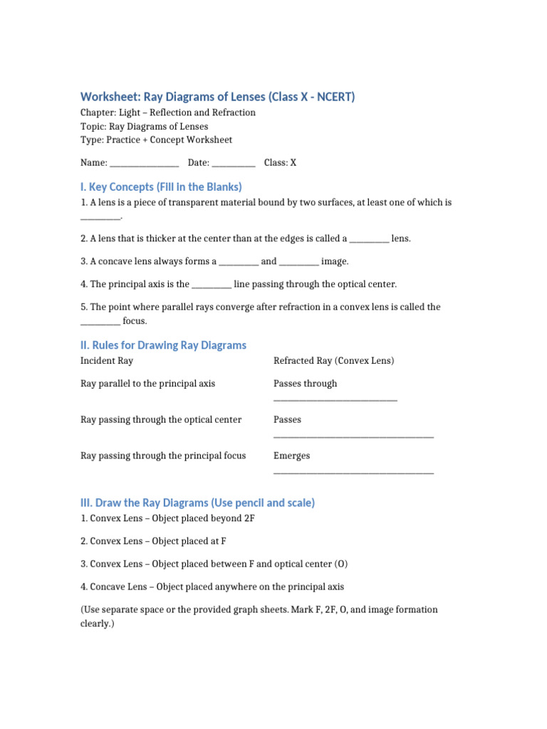 Ray Diagrams for Lenses Worksheet | PDF | Optics | Light