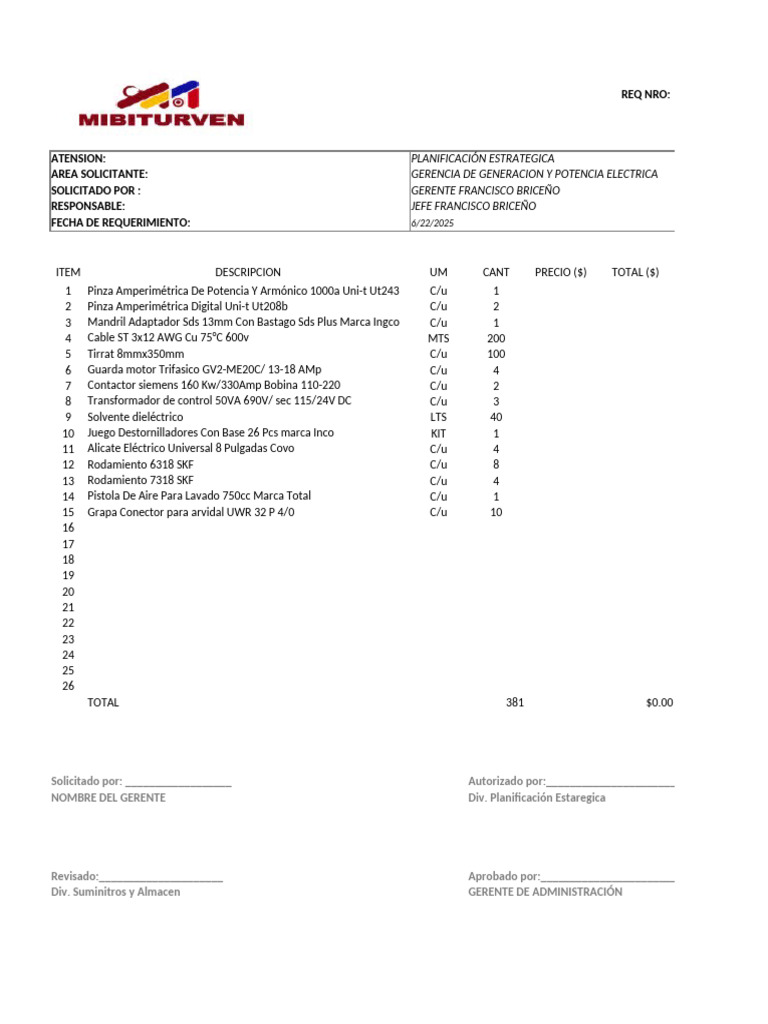 MBTV Hoja de Requerimientos Mantto Electrico Mina - XLSM | PDF ...