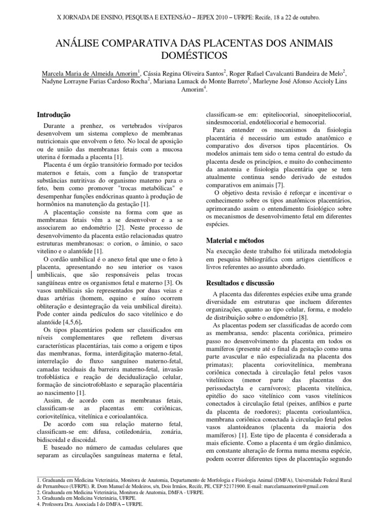 Análise Comparativa Das Placentas Dos Animais Domésticos | PDF ...