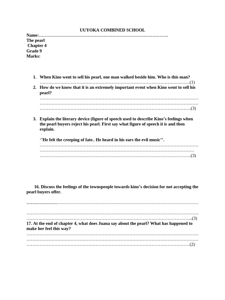 Chapter 4 Quiz for "The Pearl" | PDF