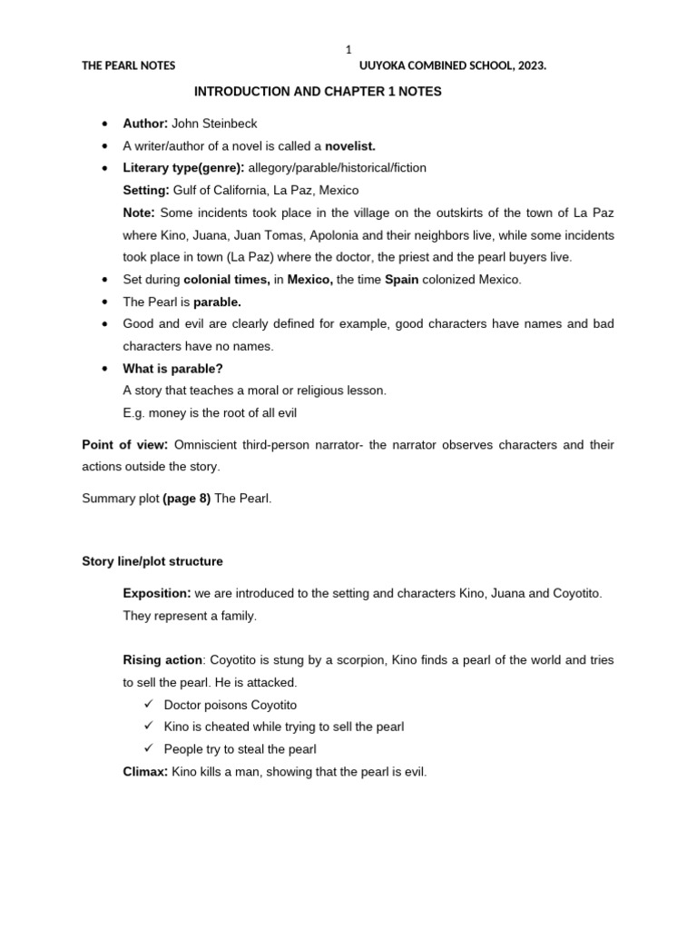 "The Pearl: Chapter 1 Summary & Notes" | PDF
