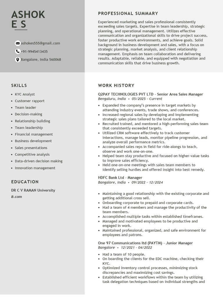 Ashok ES Resume 2 | PDF | Sales | Leadership