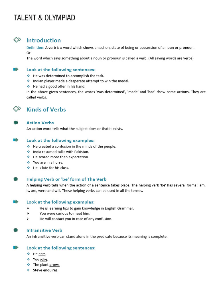 Verb Notes Class 8 PDF | PDF | Verb | Subject (Grammar)
