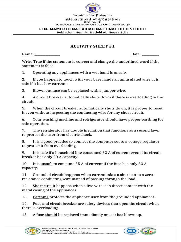 Electrical Safety Guidelines Activity Sheet | PDF | Fuse (Electrical ...