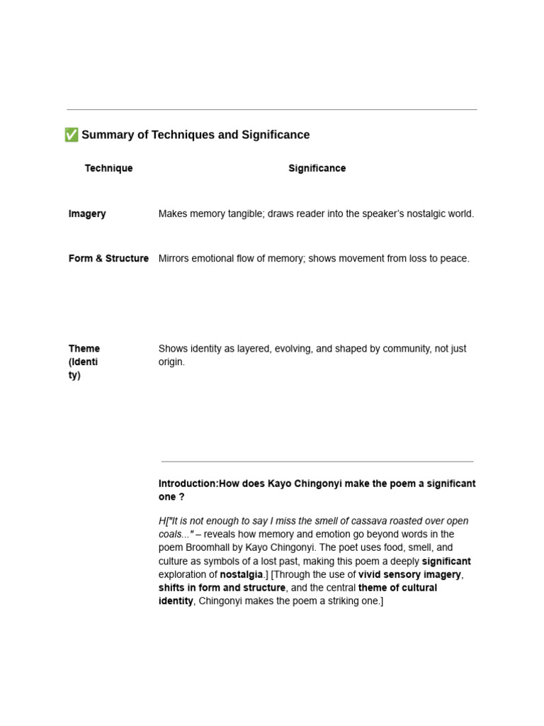 Summary of Techniques and Significance | PDF | Nostalgia | Poetry