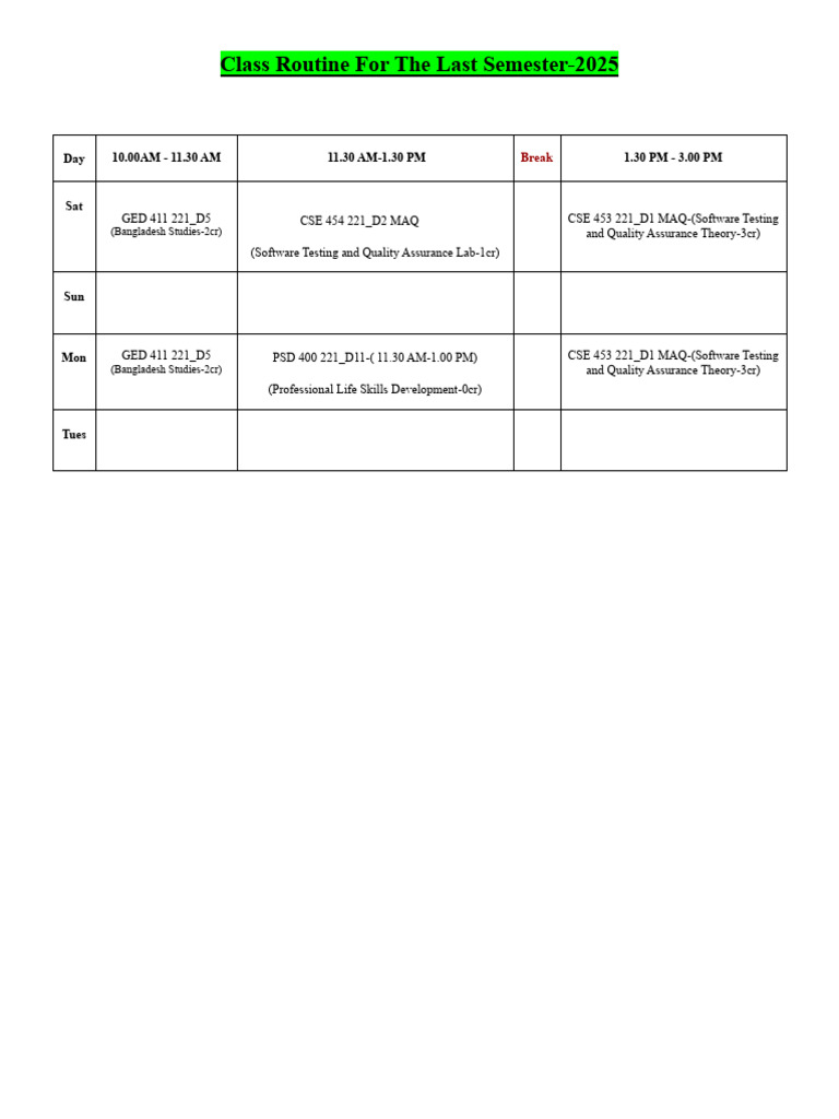 Last Semester Rutine-2025 | PDF