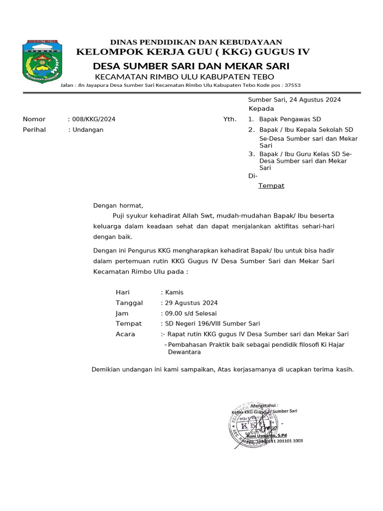 Undangan Rapat KKG Bulan Agustus 2024 | PDF