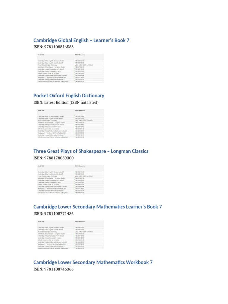 Grade7 Book List With Covers | PDF