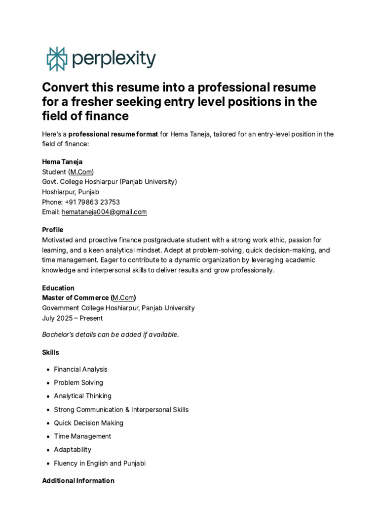 Convert This Resume Into A Professional Resume For | PDF