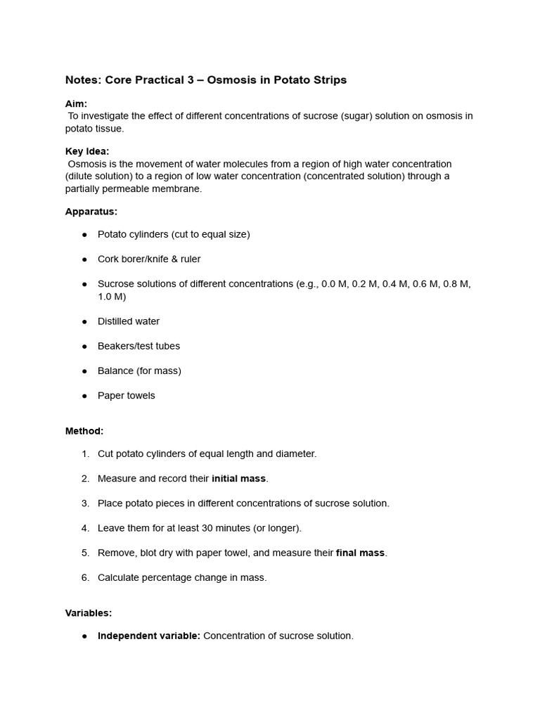 Notes - Core Practical 3 - Osmosis in Potato Strips | PDF