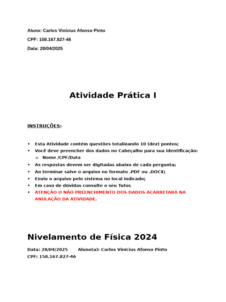 Atividade Prática 1 - Nivelamento de Física 2024.Docx_20250428_212123_0000 | PDF | Temperatura ...