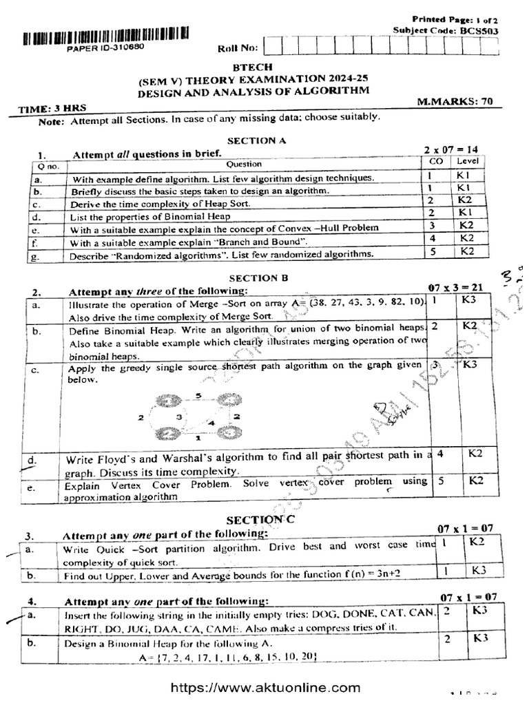 Btech Cs 5 Sem Design and Analysis of Algorithm Bcs503 Jan 2025 | PDF
