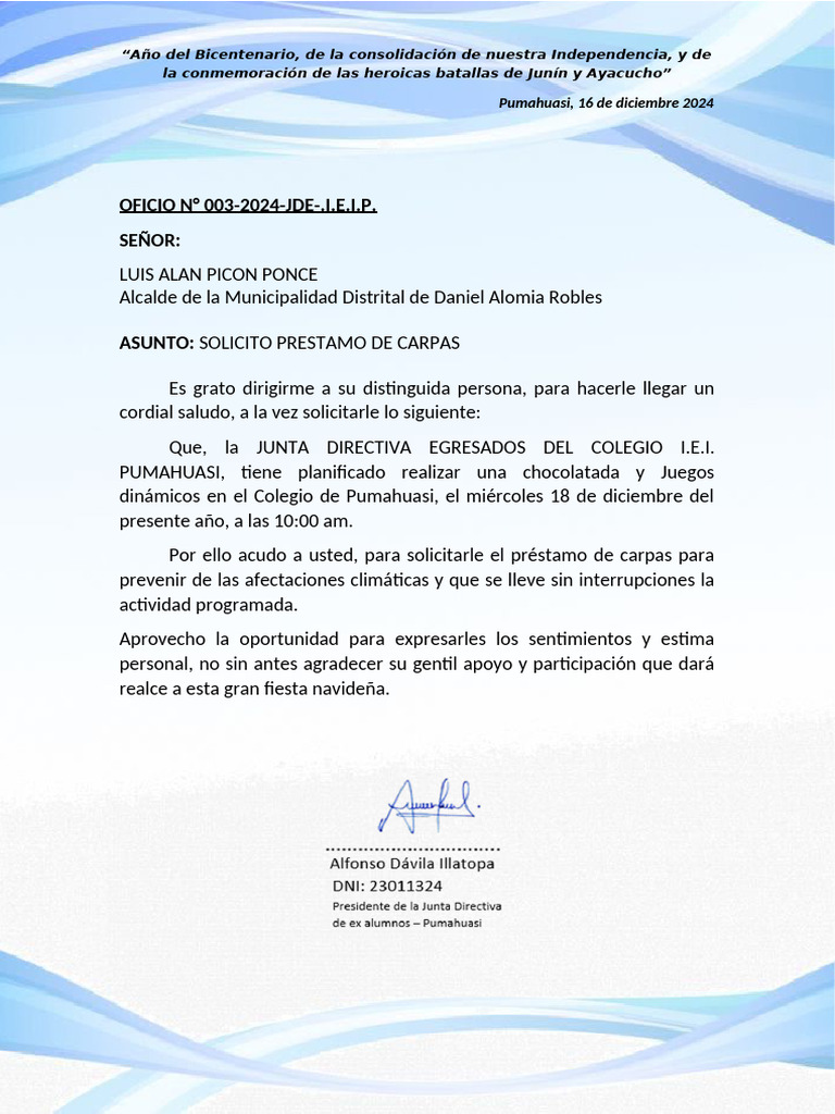 Oficio, Solicitud de Prestamo de Carpas | PDF