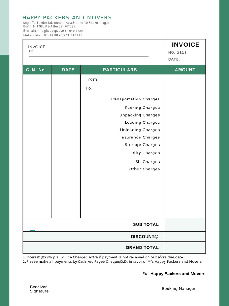 Happy Packers and Movers Invoice Format | PDF