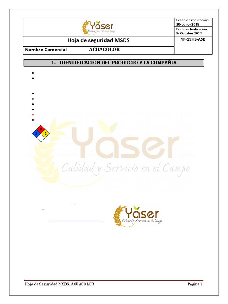 Hoja de Seguridad MSDS ACUACOLOR | PDF | Agua | Materiales