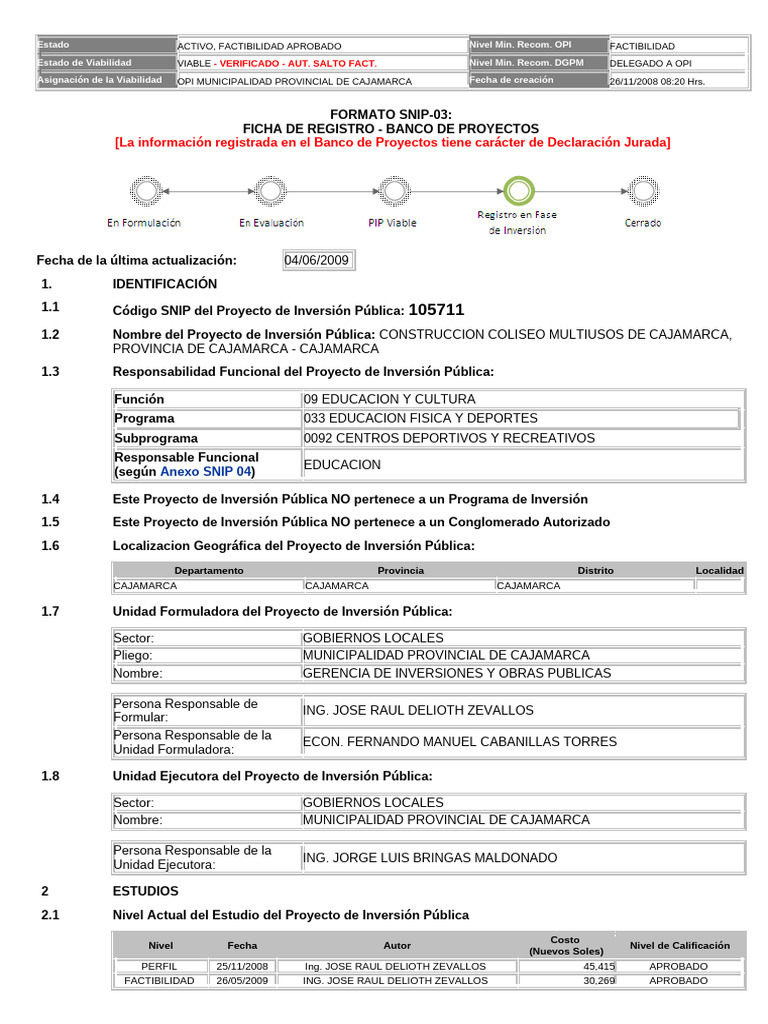 Formato Snip-03 - Pip 105711 Coliseo Multiusos | PDF | Inversiones | Economias