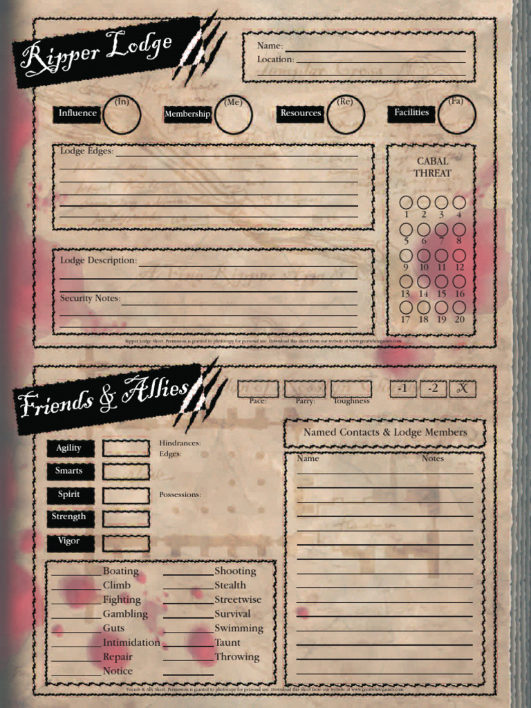 Savage Worlds - Rippers - Lodge and Ally Sheet | PDF | Board Games ...