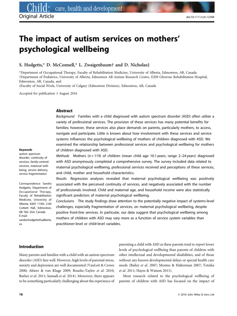 The Impact of Autism Services On Mothers' Psychological Wellbeing ...
