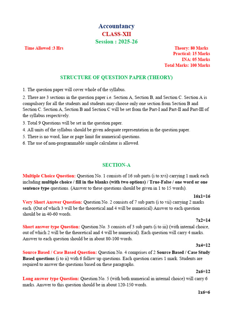2025 Class 12 Accountancy Paper Pattern | PDF