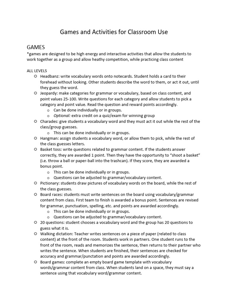 Classroom Games and Activities Guide | PDF | Vocabulary | Linguistics