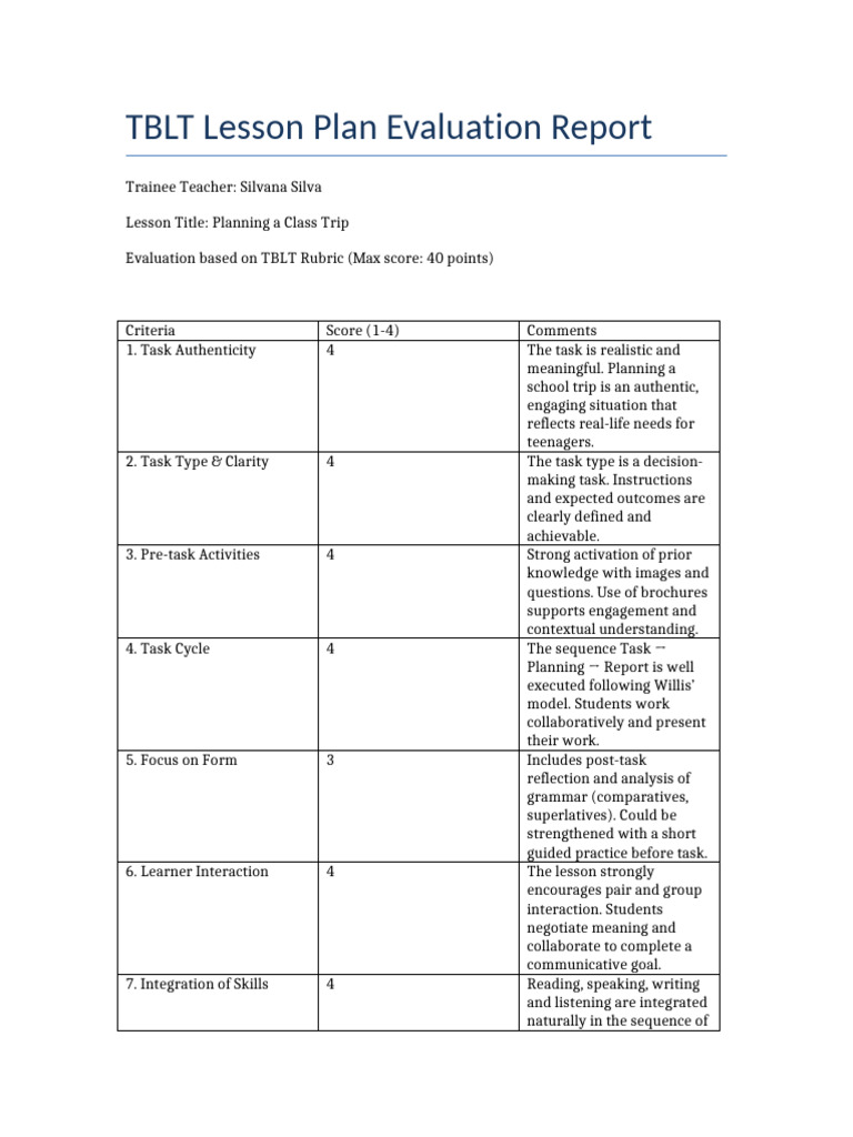 TBLT Lesson Plan Evaluation Summary | PDF | Educational Assessment ...
