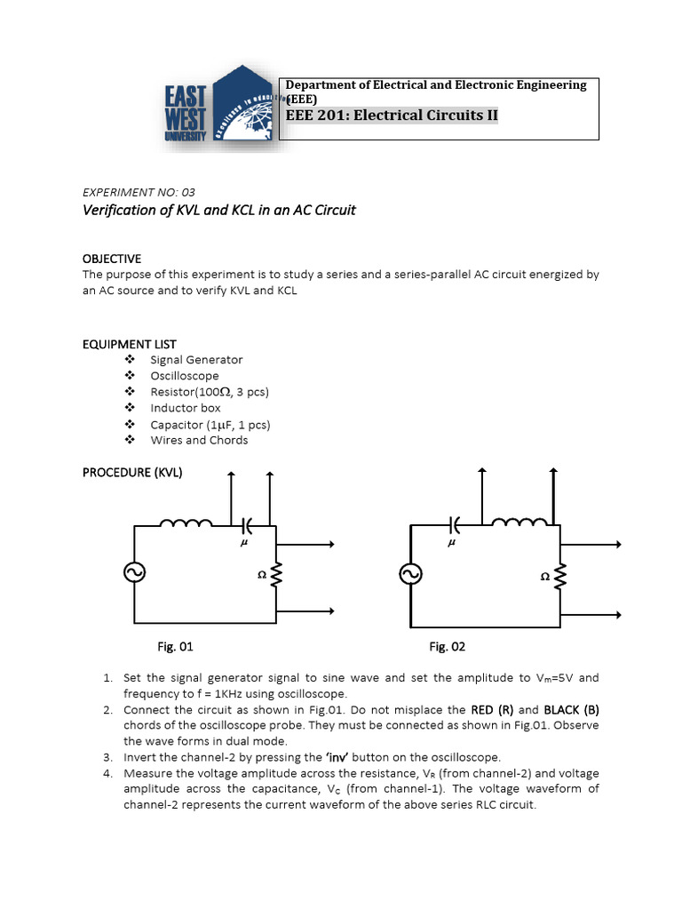 Experiment 3 - Verification of KVL and KCL in an AC Circuit | PDF | Electrical Network | Amplitude