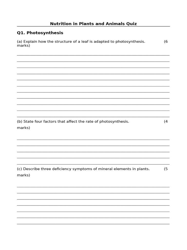 Plant and Animal Nutrition Quiz | PDF | Nutrition | Diet & Nutrition