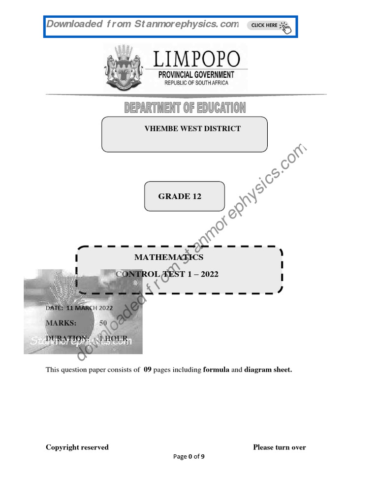 Grade 12 Mathematics Control Test 2022 | PDF | Circle | Perpendicular