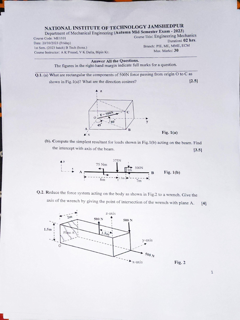 Sem 1 Physics Cycle End Sem Mid Sem Papers | PDF