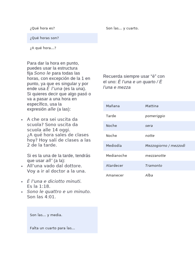 Cómo decir la hora en italiano | PDF