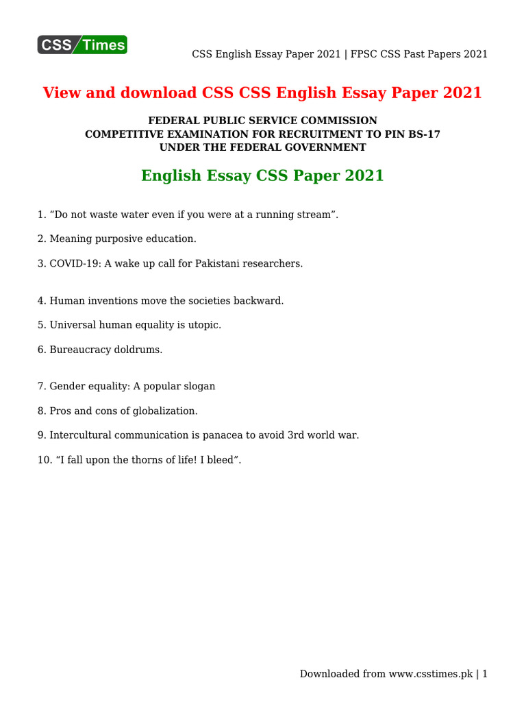 CSS English Essay Paper 2021 - FPSC CSS Past Papers 2021 | PDF