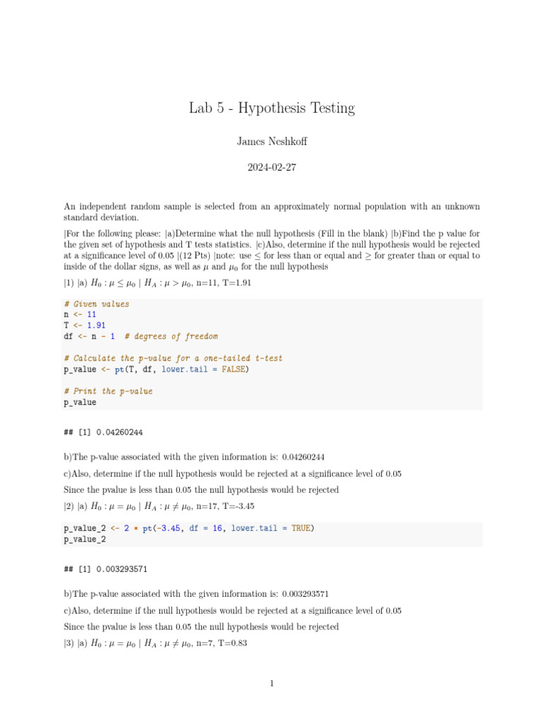 Lab 5 Hypothesis Testing | PDF | Methodology | Statistical Theory