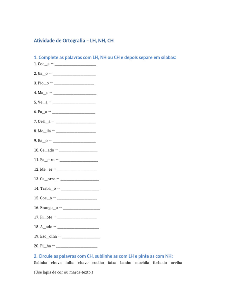 Atividade Ortografia LH NH CH | PDF