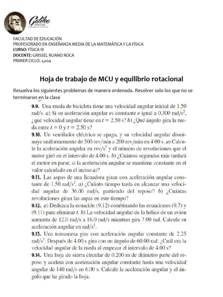 Hoja de Trabajo NO. 6 MCU y Equilibrio Rotacional | PDF