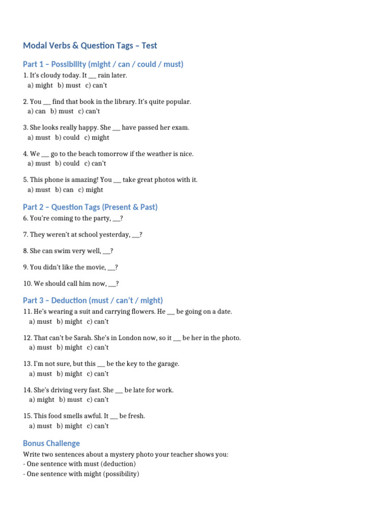 Modal Verbs Test | PDF