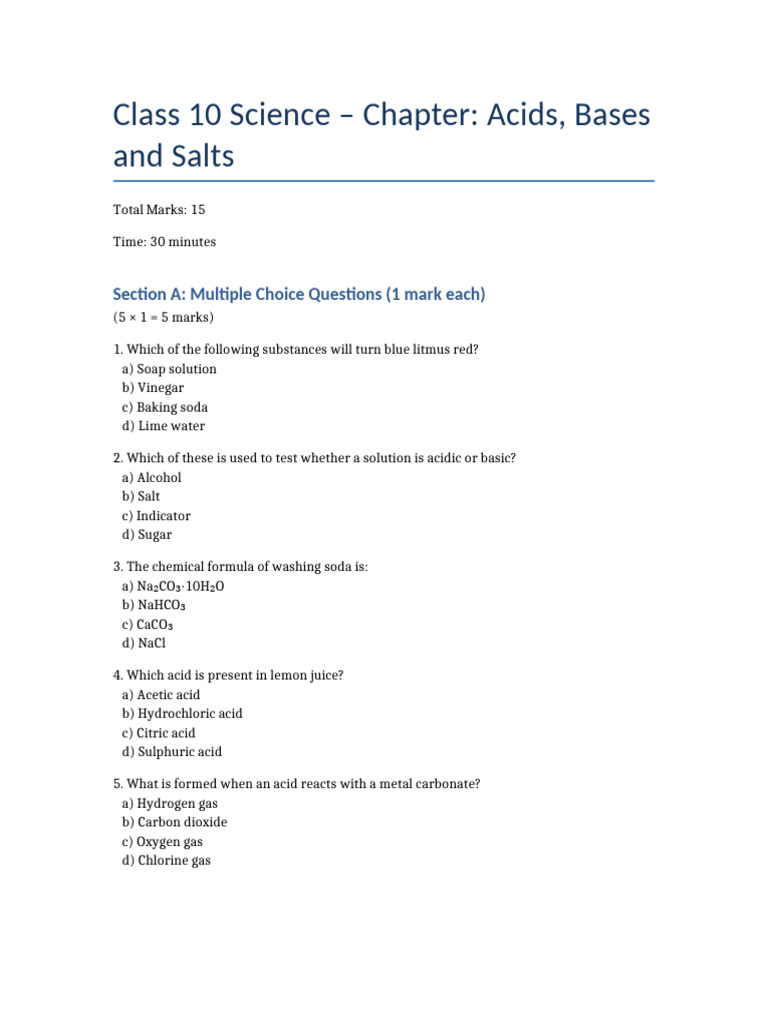 Class 10 Science Acids Bases Salts Question Paper | PDF