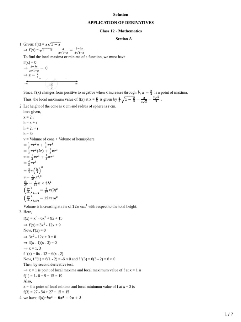 Application of Derivatives - Solutions | PDF | Sphere | Mathematical Analysis