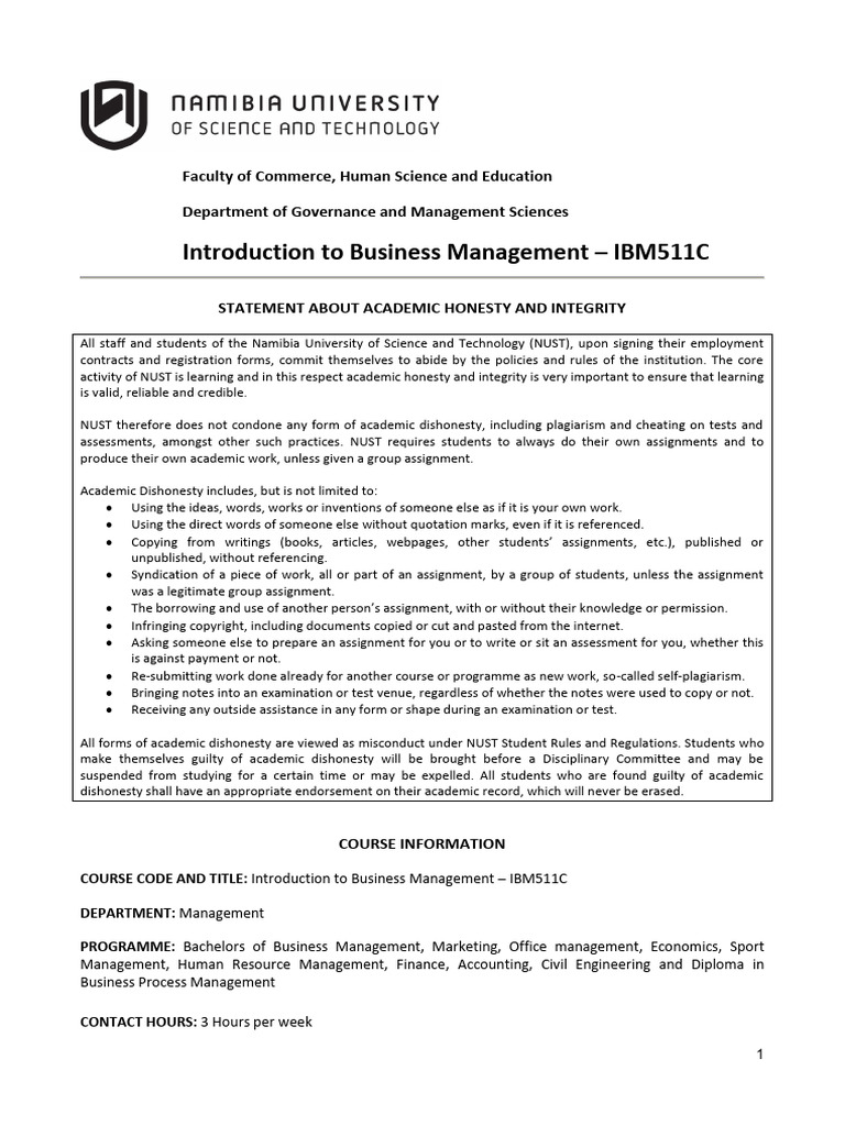 Business Management Course Outline | PDF | Academic Dishonesty ...