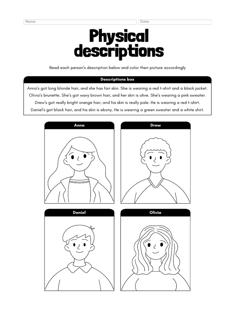 Physical Characteristics Worksheet in Black and White Fun Style | PDF