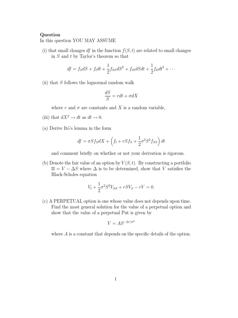 TD - Itos Lemma, Black-Scholes Equation and A Perpetual Option | PDF ...