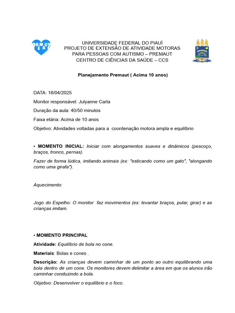 Atividades Motoras para Autistas acima de 10 anos | PDF