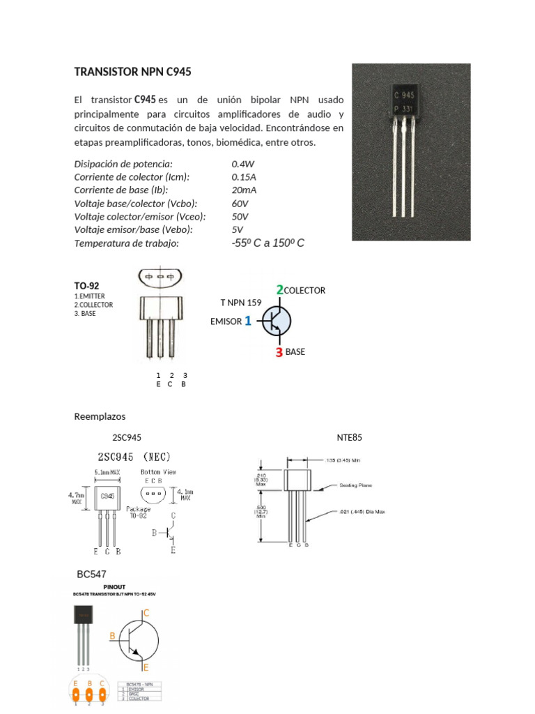 Transistor NPN C945: Especificaciones y Usos | PDF
