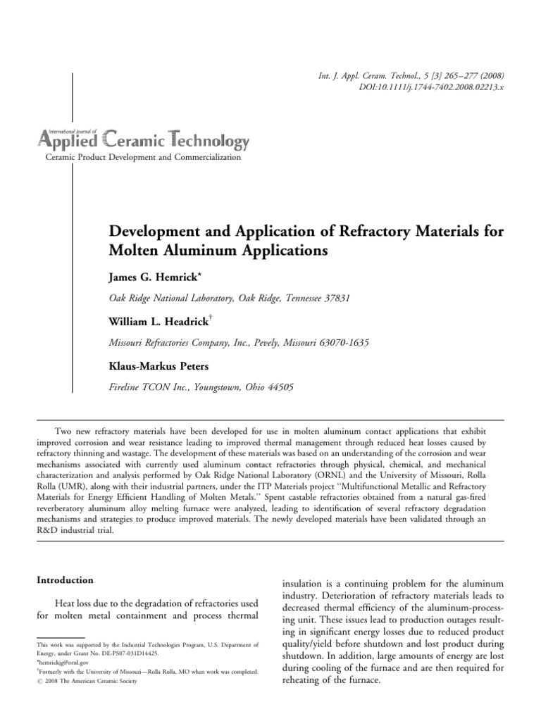 Non-Wetting Refractory for Aluminum | PDF | Refractory | Aluminium Oxide