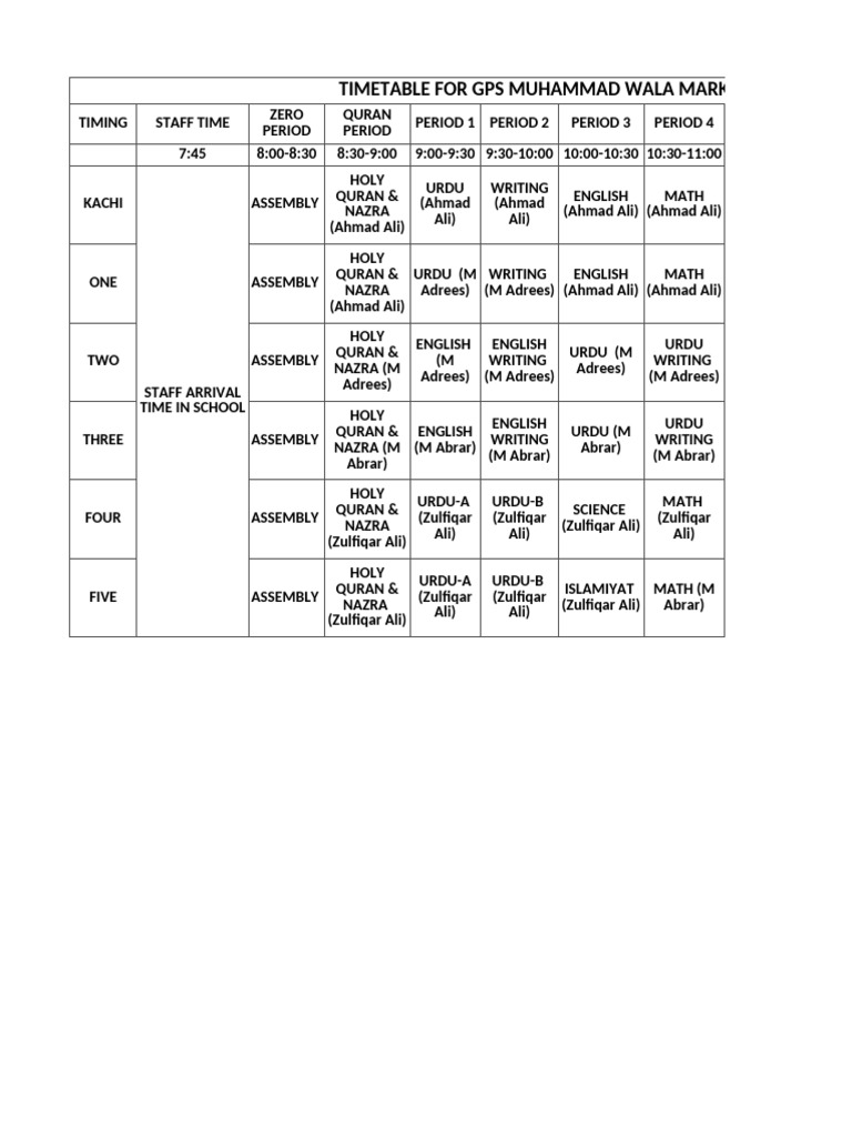Time Table Staff Student Final With Staff Names | PDF | Islamic ...
