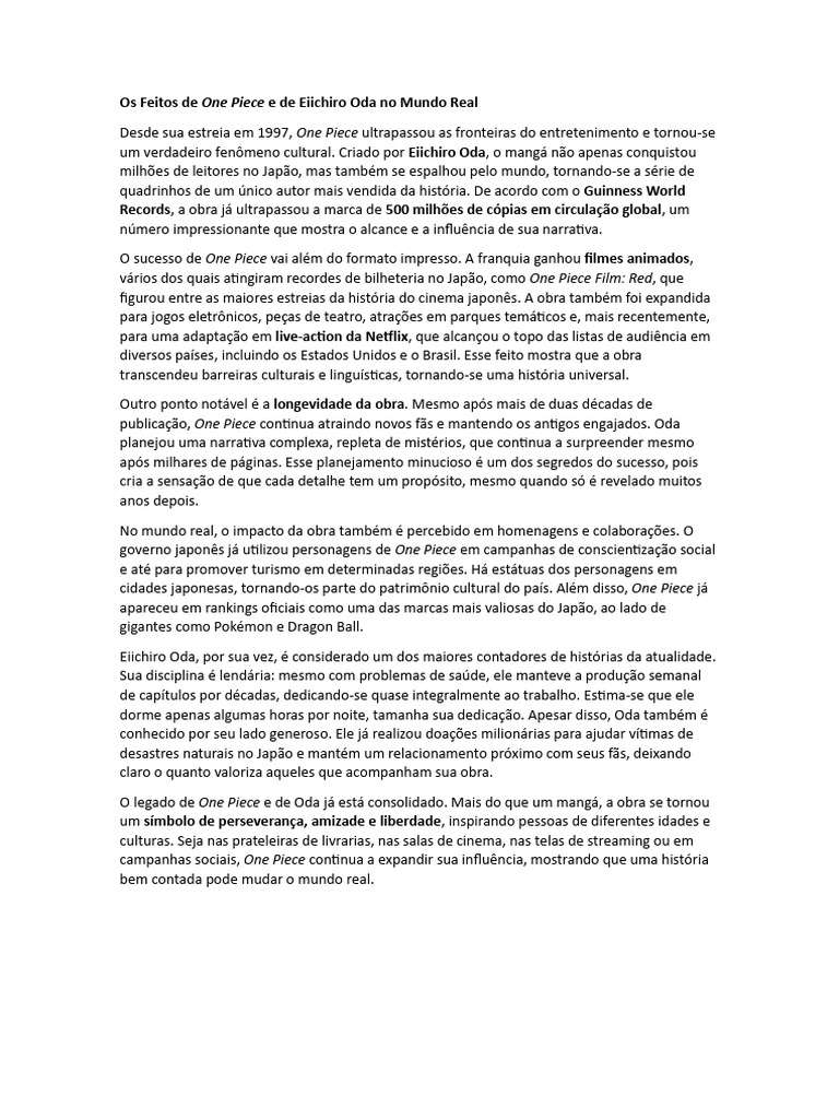 Os Feitos de One Piece e de Eiichiro Oda No Mundo Real | PDF | Japão ...