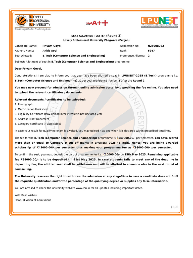 LPUNEST-2025 B.Tech Seat Allotment Letter | PDF