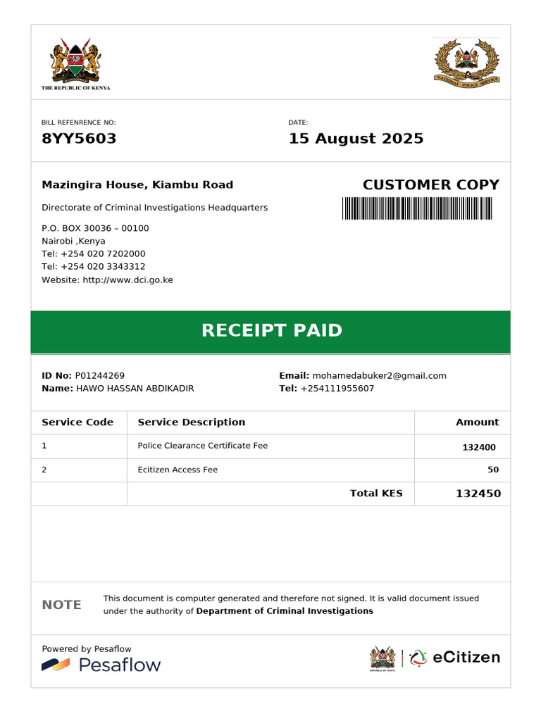 DCI Payment Receipt for Clearance Fee | PDF
