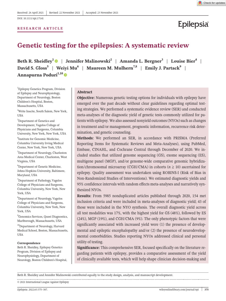 Epilepsia - 2021 - Sheidley - Genetic Testing For The Epilepsies A ...