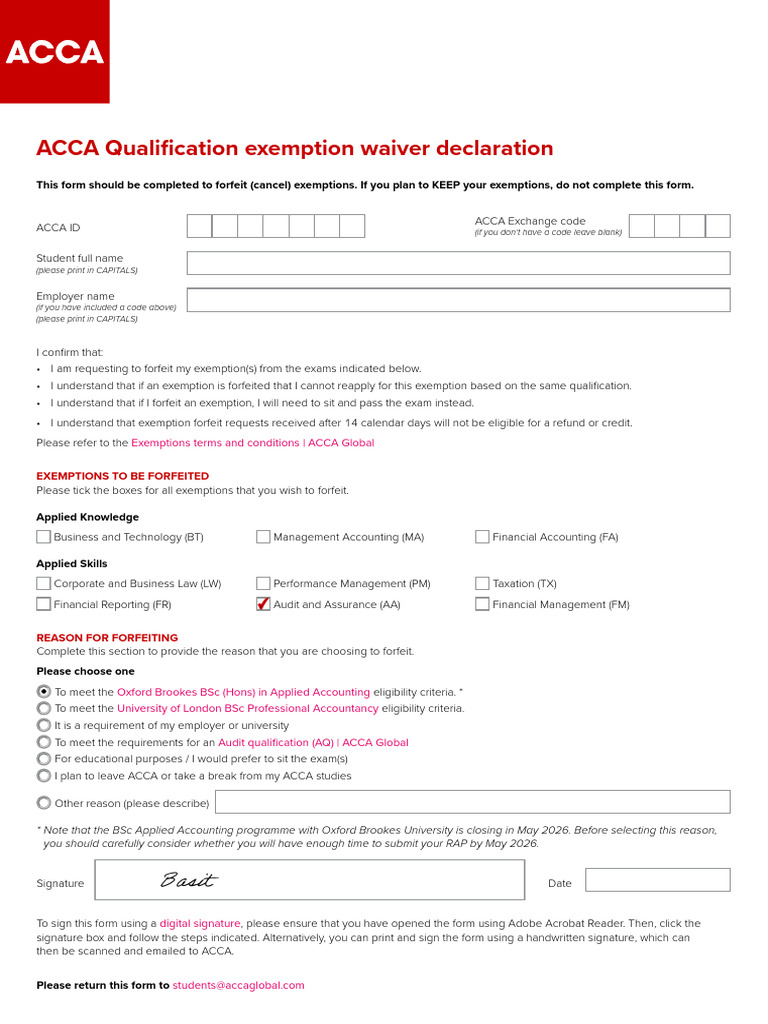 8429 - ACCA Qual Exemption Waiver Declaration | PDF | Accounting